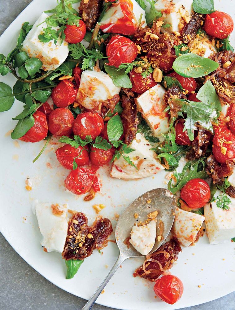 Mozzarella, sherry-vinegar Medjool dates, popped cherry tomatoes and ...