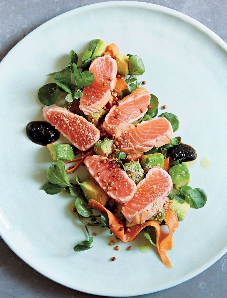Seared salmon, nori sauce, crispy buckwheat, gomasio and avocado from ...