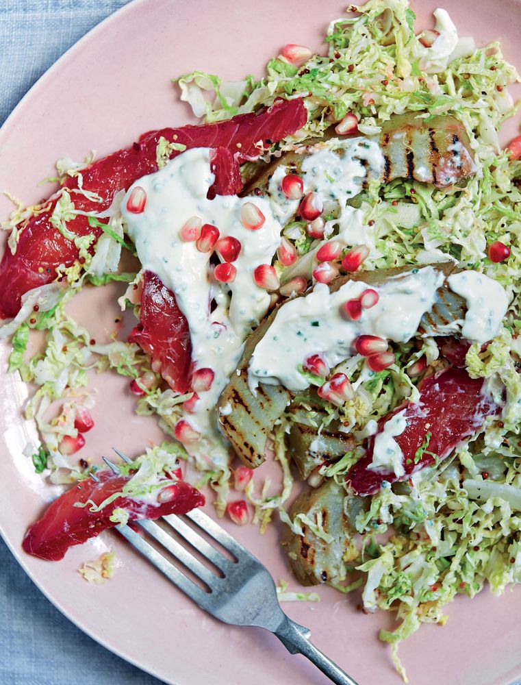 Beetroot-cured salmon, grilled artichokes, shredded cabbage, crème ...