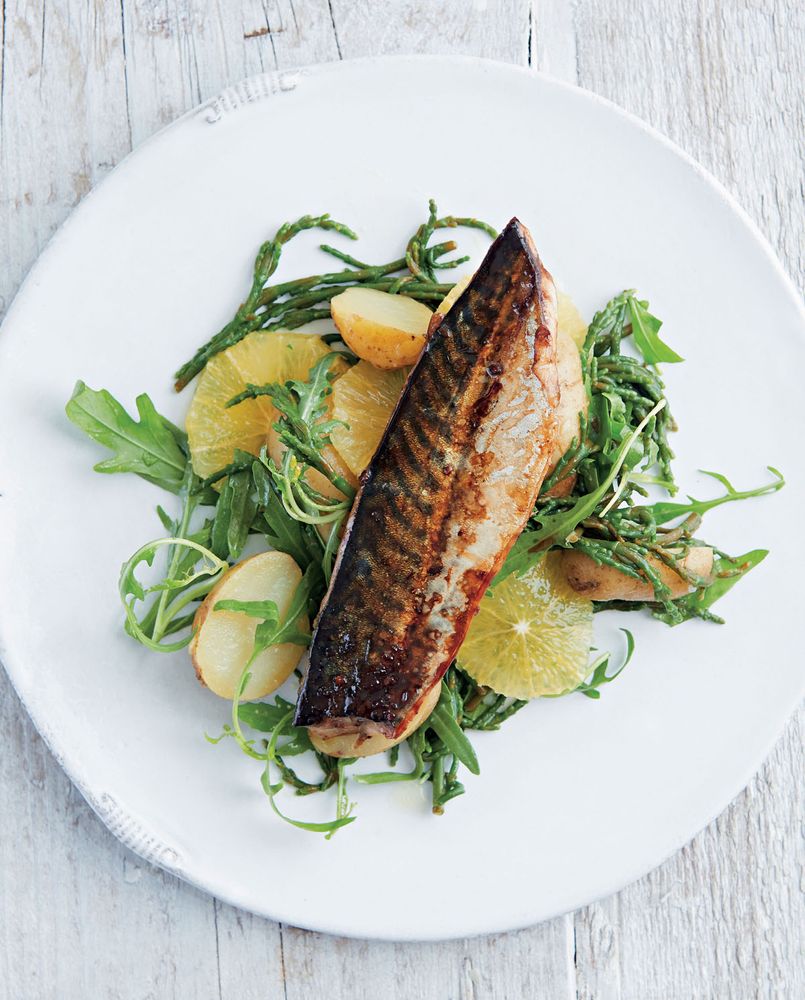 Chilli-chocolate teriyaki mackerel with samphire, Jersey Royals and ...