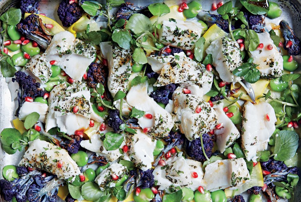 Herb-roast cod and cauliflower, courgettes, broad beans, watercress and ...