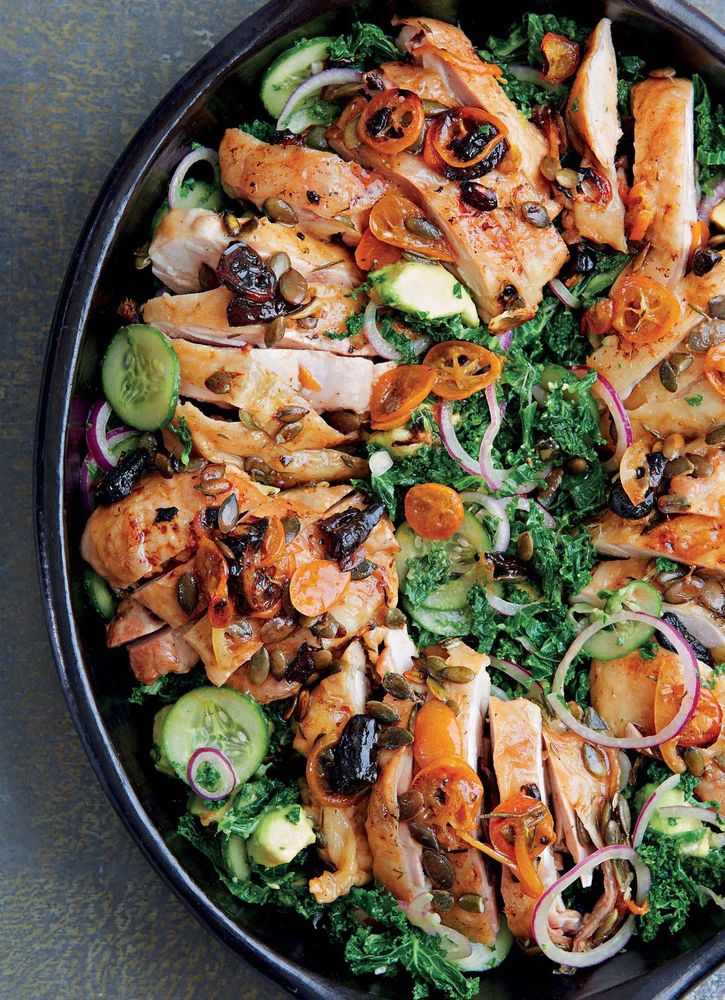 Roast chicken, kumquats, black garlic, kale and avocado from Savour ...