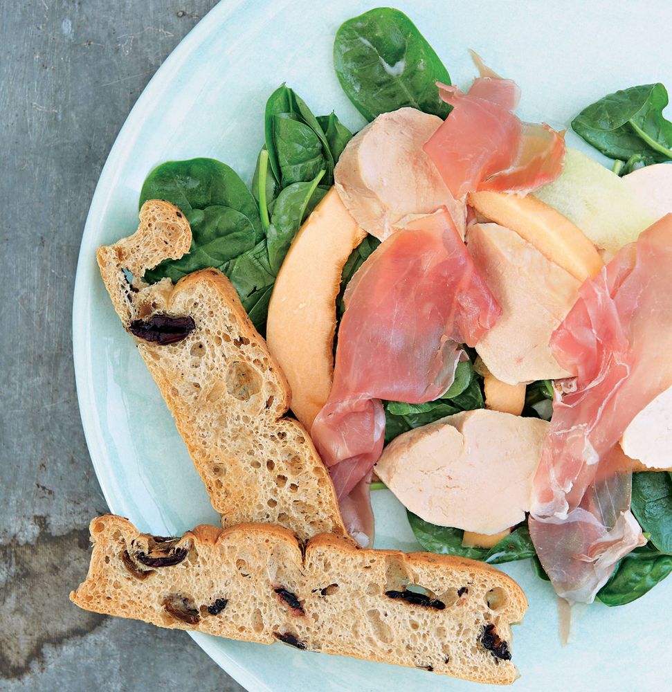 Coconut-poached chicken, prosciutto, melon, croutons and spinach from ...