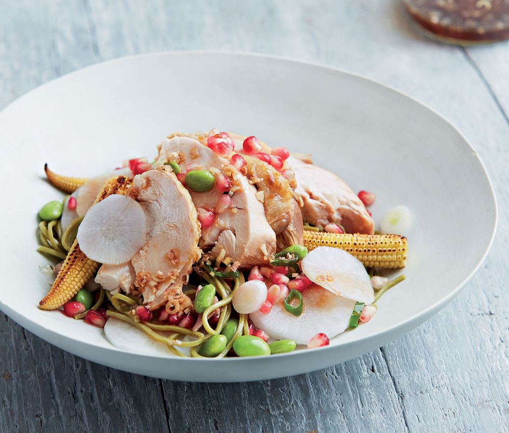 Poached chicken, green tea noodles, grilled baby corn, daikon ...