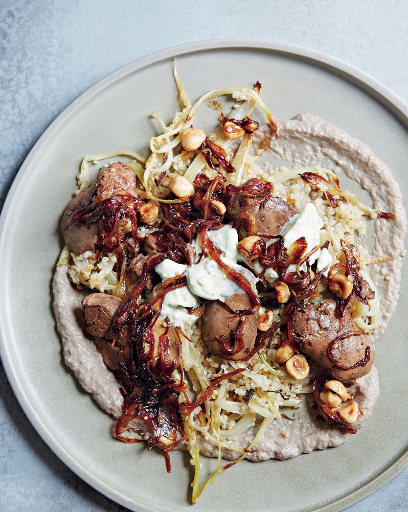 Chicken livers, quinoa, roast fennel, hazelnuts, mushroom purée and ...