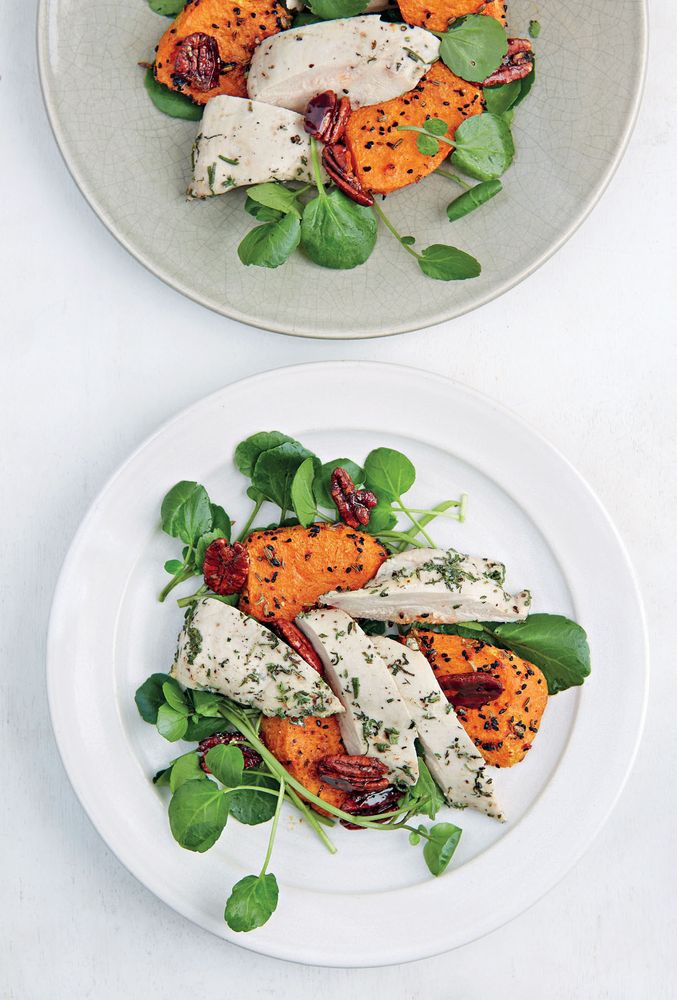 Steamed guinea fowl, spiced roast pumpkin and honeyed pecans from ...