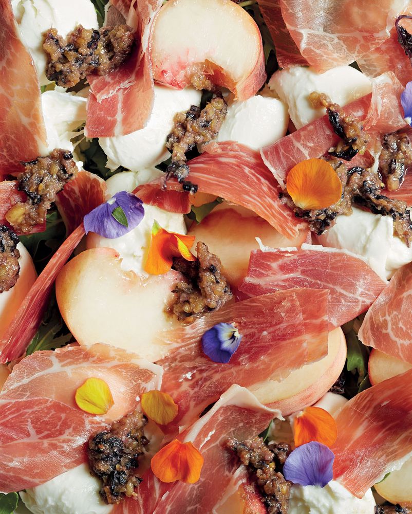 Jamón ibérico, peaches, mozzarella and purple pesto from Savour: Salads ...