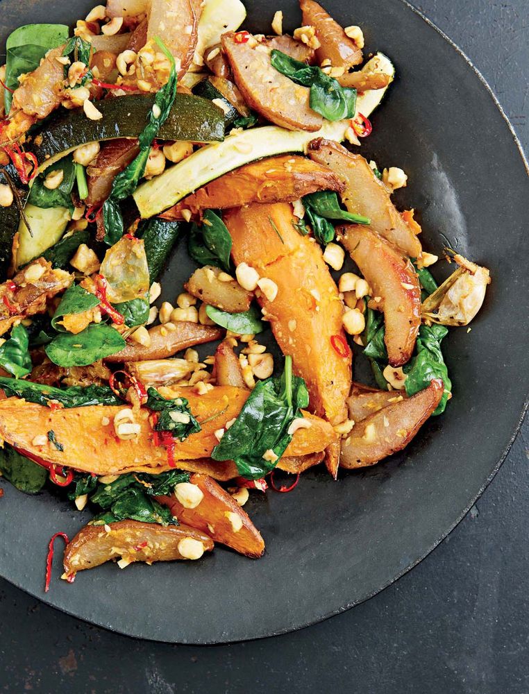 Chilli-roast sweet potato, courgettes, roast garlic, hazelnuts and ...