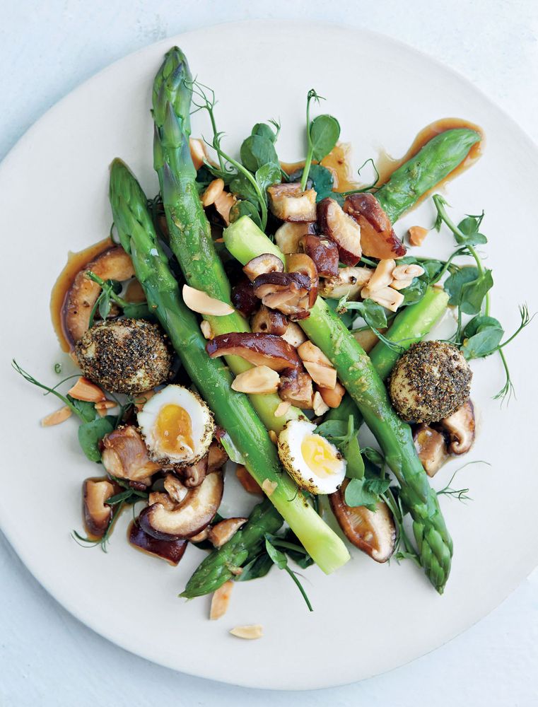 Asparagus, almonds, spiced quail eggs and shiitake with miso dressing ...