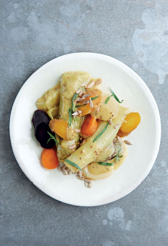 Leeks vinaigrette, salt-baked carrots and parsnips, tarragon and ...