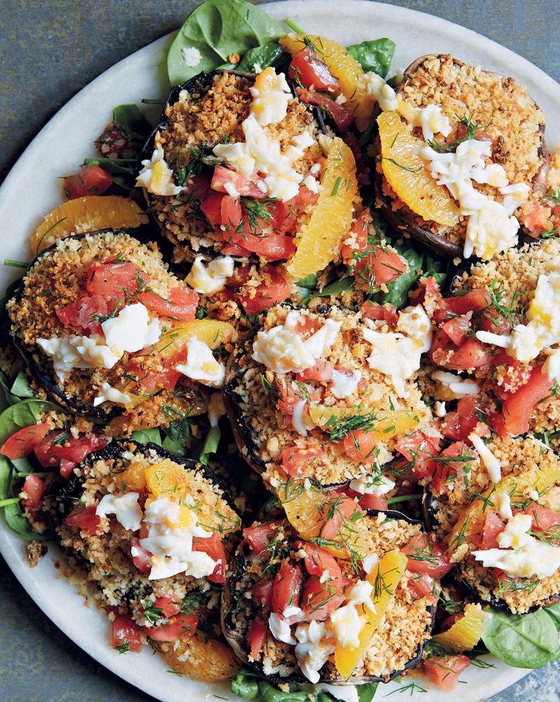 Crusty baked wasabi mushrooms, spinach, tomato, orange, dill and grated ...