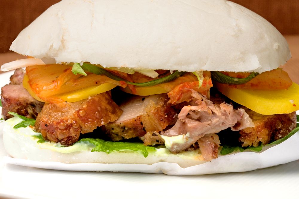 Crispy Rotisserie Pork Sandwich with Kimchee, Takuan and Scallion Tofu ...