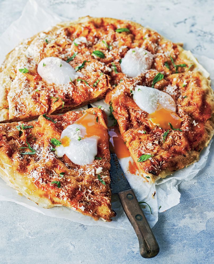 Flatbread Stack with Tomato Sauce and Poached Eggs from A Sardinian ...
