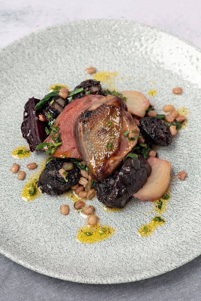 Breast of Wood Pigeon with Caramelised Red Onion, Barley & Beetroot ...