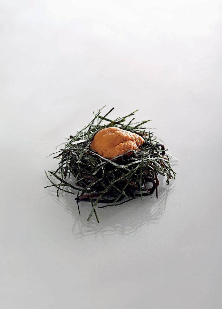Red Sea Urchin Roe with Slow-Cooked Egg Yolk, Smoked Miso Eggplant and ...