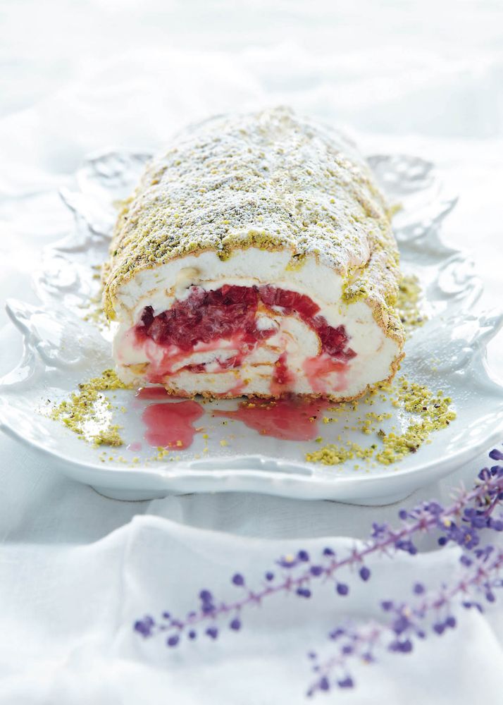 Meringue roulade with rhubarb from A Simple Table by Michele Cranston