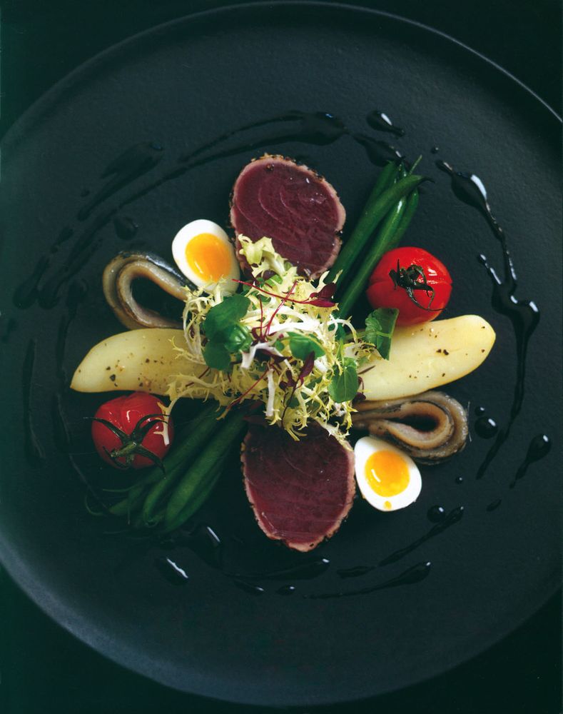 Peppered tuna with Niçoise salad and black olive dressing from Simple ...