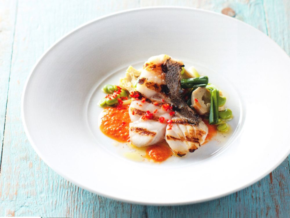 Grilled Bass Groper with Broad Beans, Artichoke Hearts, Leeks & Romesco ...