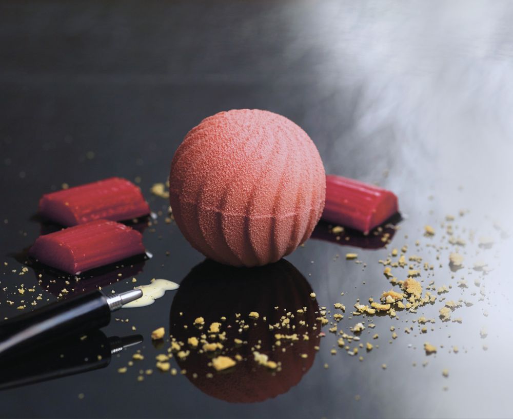 Rhubarb Custard Crumble Sphere from Patisserie Perfection by Sarah Barber