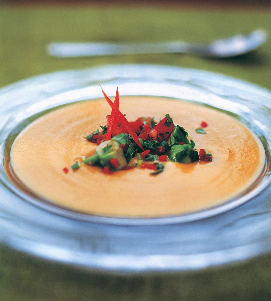 Roasted Sweet Potato Bisque with Avocado and Lime Salsa from A Passion ...