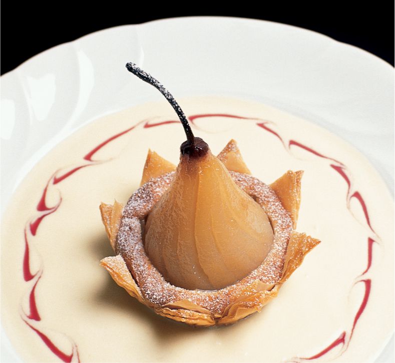 Date-Stuffed Poached Pears in Phyllo Crowns with Brandied Mousseline ...