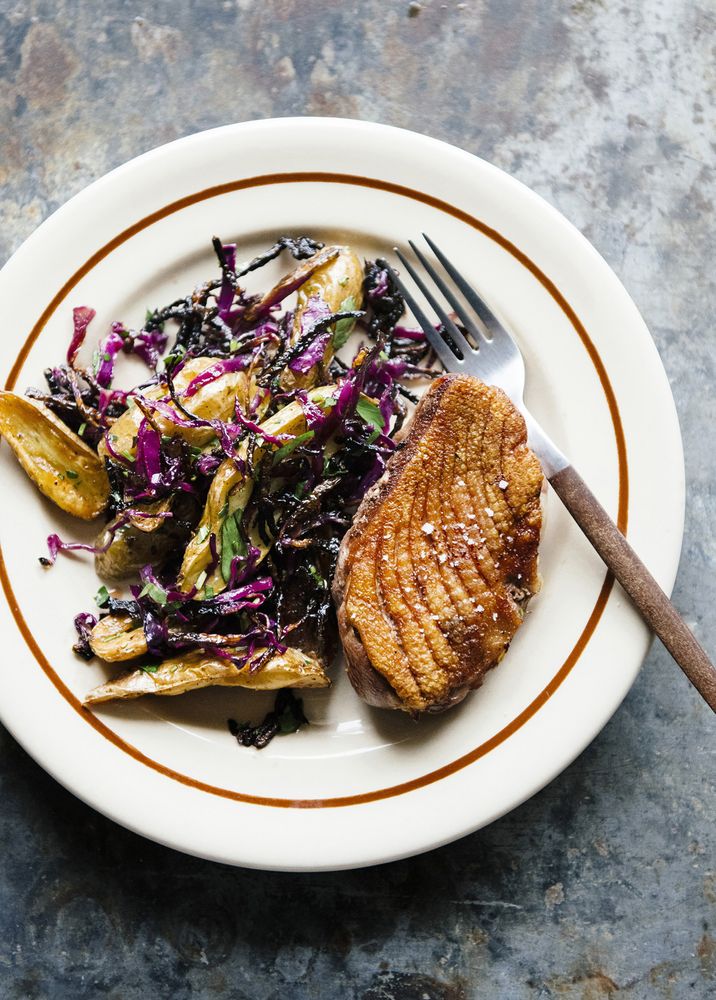 Seared Duck Breast w/Brown Sugar–Vinegar Cabbage, Roasted Potatoes, and ...
