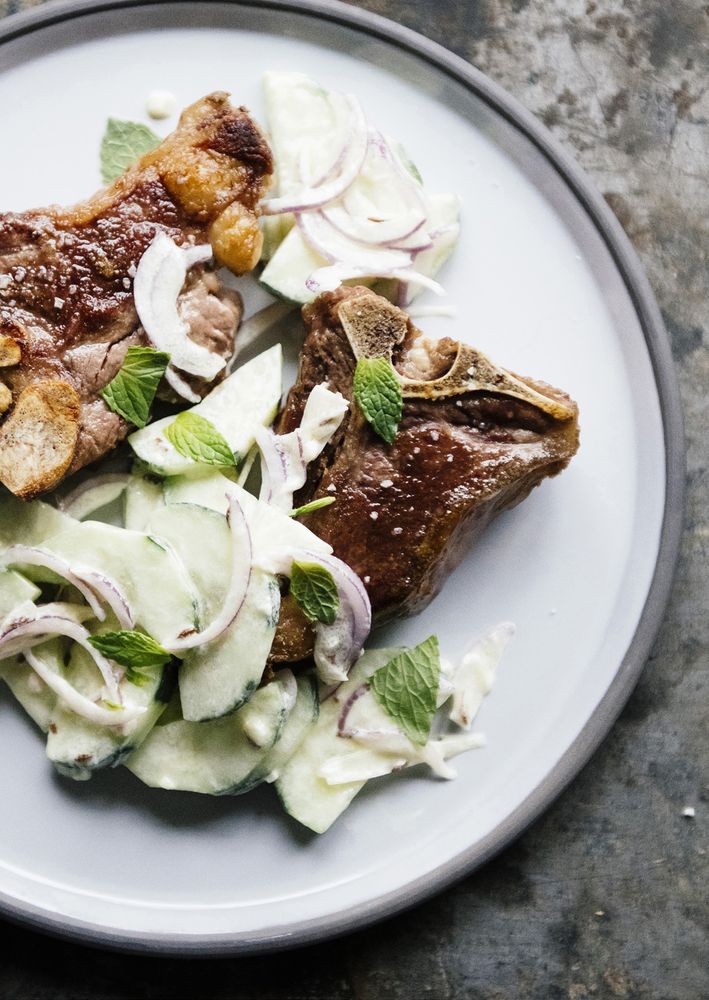Shaved Onion Salad w/Cucumber, Yogurt, and Mint Over Lamb Chops from ...
