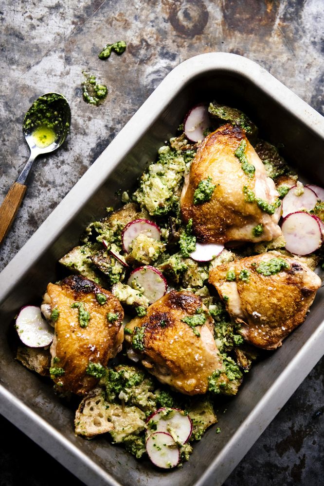 Ramp Pesto w/Seared Chicken, Radish, and Bread Salad from Ruffage: A ...