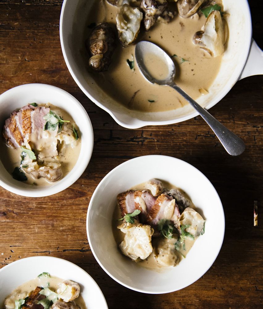 Braised Sunchokes w/Almonds, Cream, Sherry, Parsley, and Duck Breast ...