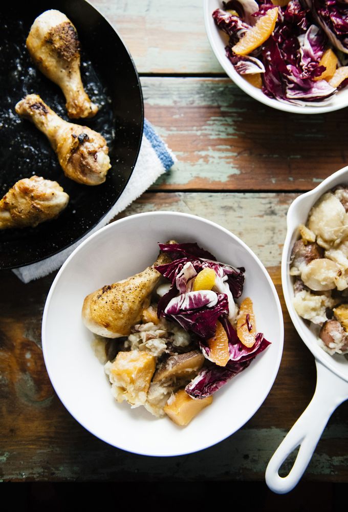 Turnip and Potato Mash w/Chicken Legs, Orange, Vanilla Vinaigrette, and ...