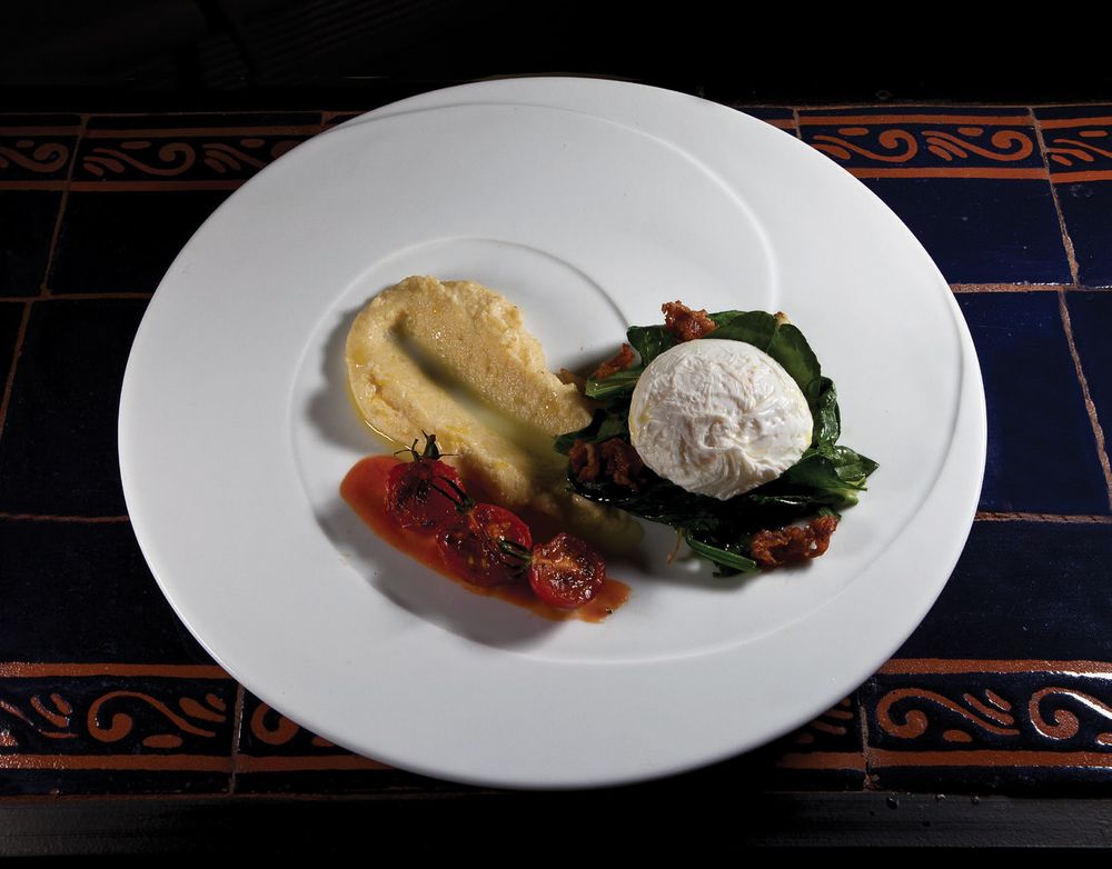 Creamy Goat Cheese Polenta, Poached Egg, Charred Tomato Vinaigrette and ...