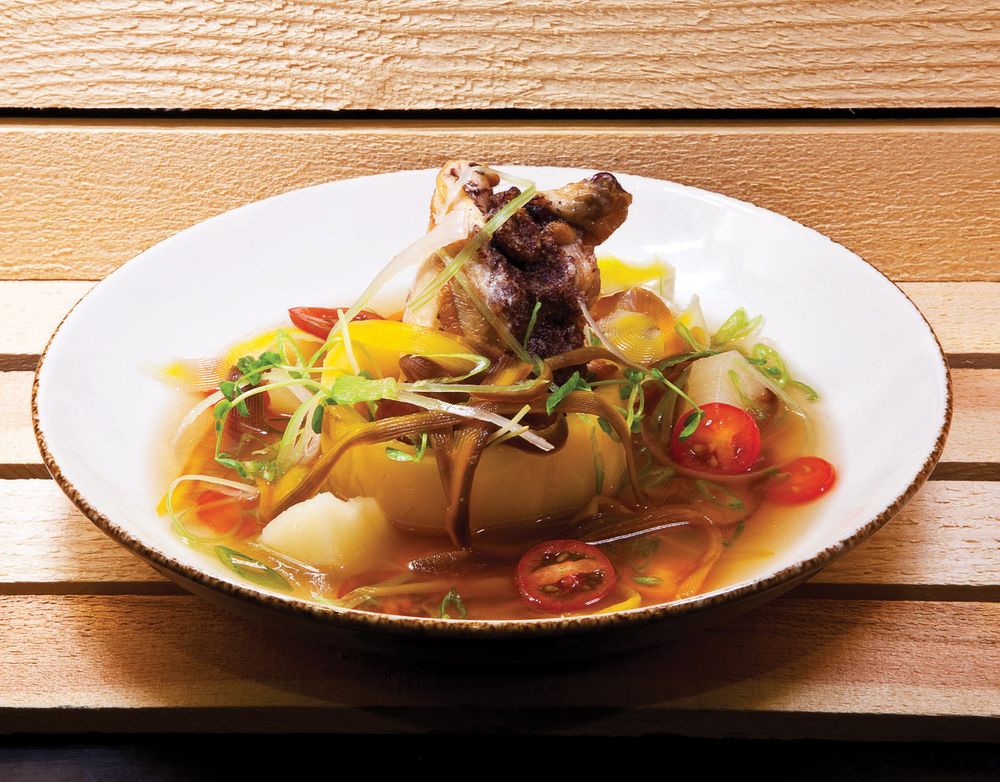 Red Quinoa Stuffed Cornish Hen, Vegetable Fettuccine and Reduced ...