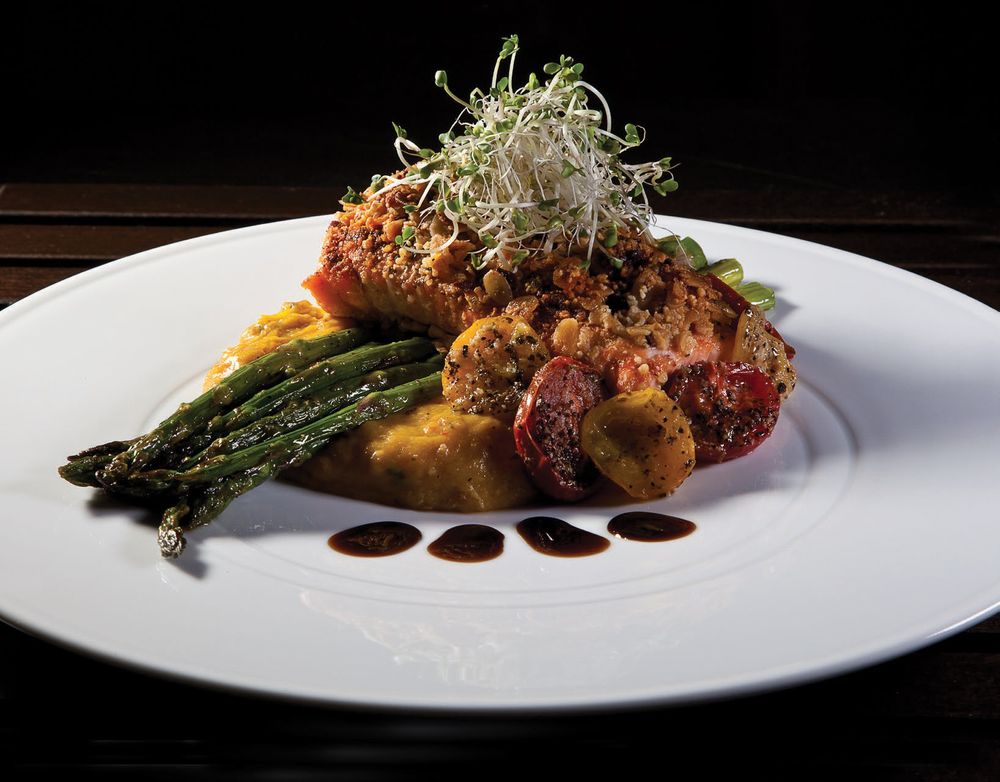 Savory Granola Crusted Salmon with Roasted Asparagus, Cherry Tomatoes ...
