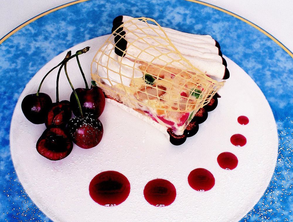 Saffron-Poached Pears with Almond Ice Cream and Kadaif Phyllo Nests ...