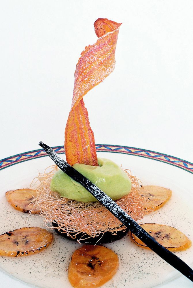 Baked Plantains in Gingered Meyer Lemon Syrup with Avocado-Mango Ice ...