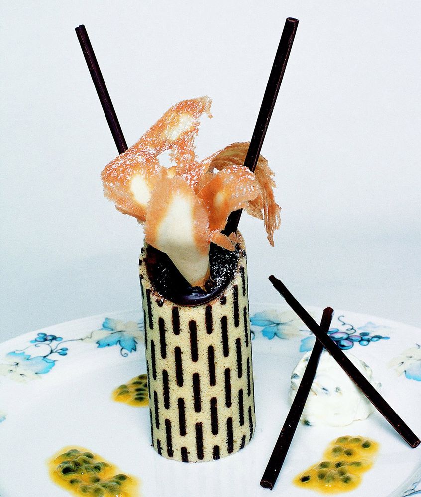 Chocolate Marquise with Passion Fruit Parfait and a Lace Cookie Bouquet ...