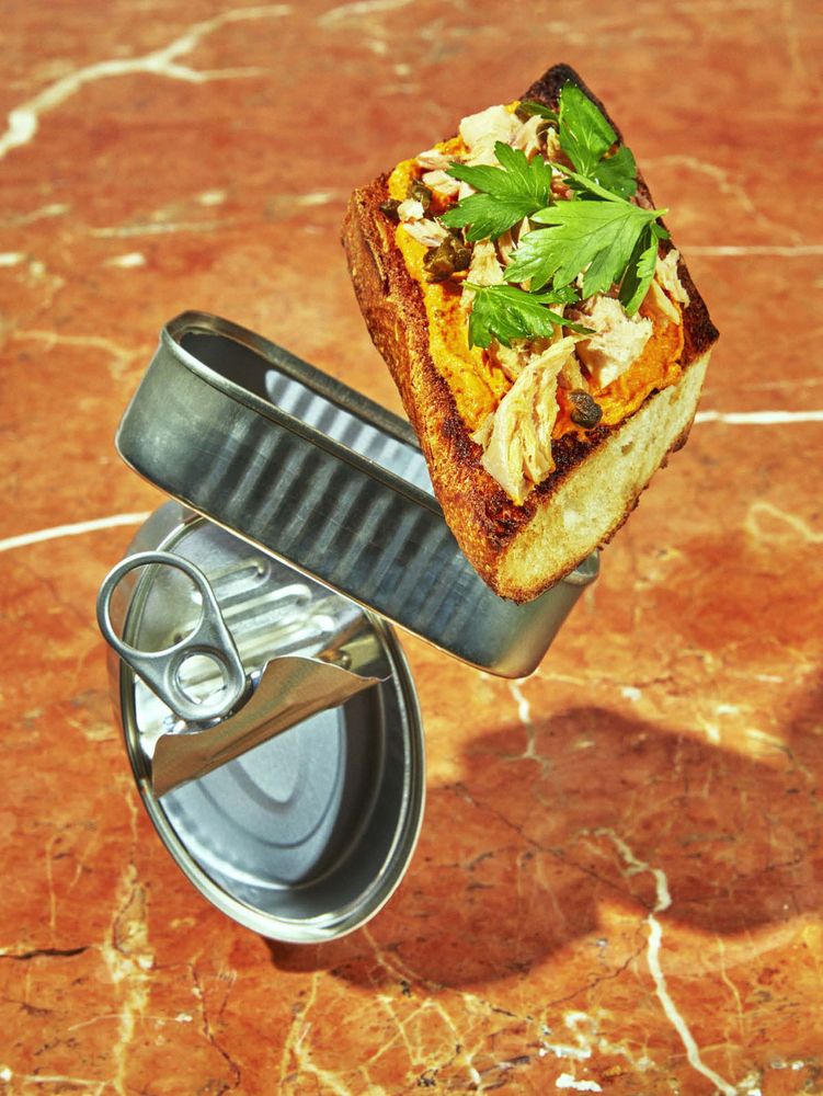 Romesco Mackerel Toast with Fried Capers from Tin to Table by Anna Hezel