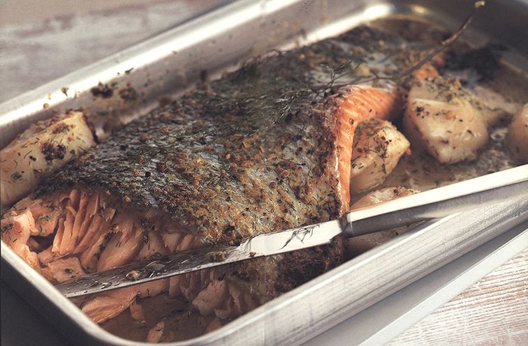 Roasted Salmon with Scallops and Mustard Butter from Two Fat Ladies ...