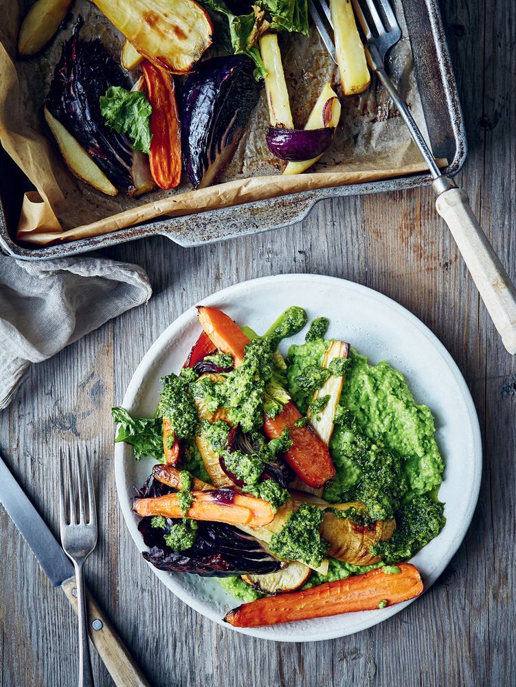 One-Tray Sunday Roast with Smashed Peas from 7 Day Vegan Challenge: The ...